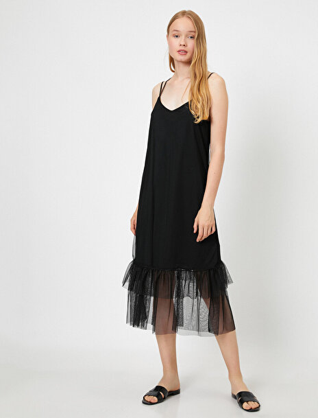 Koton Kadın İnce Askılı Tüllü Midi Elbise