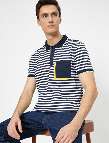 Koton Erkek Polo Yaka Cep Detaylı Yatay Çizgili Süprem Kumaş Slim Fit Tişört