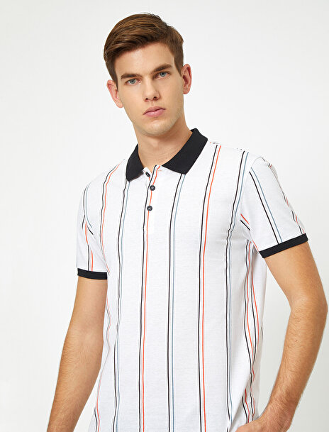 Koton Erkek Polo Yaka Dikey Çizgili Kontrast Yaka Süprem Kumaş Slim Fit Tişört