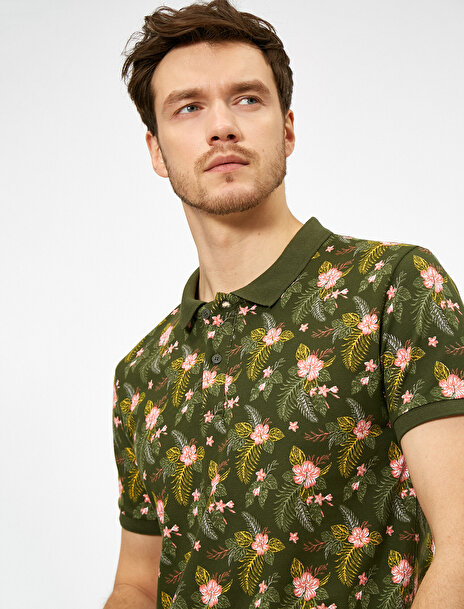 Koton Erkek Polo Yaka Çiçek Desenli Kontrast Yaka Pike Kumaş Slim Fit Tişört