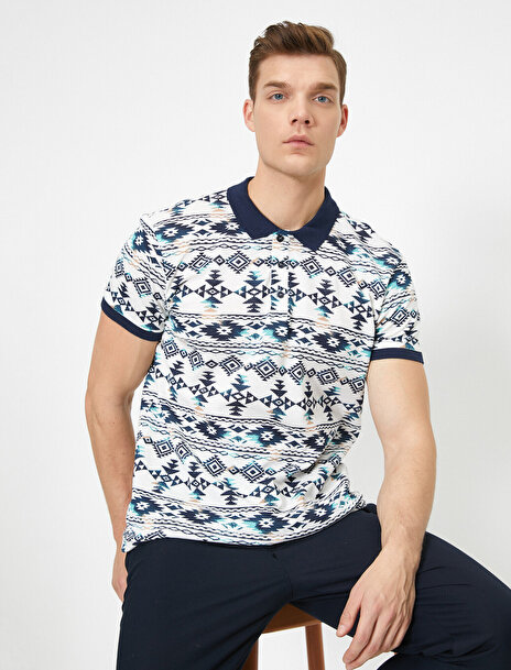 Koton Erkek Polo Yaka Etnik Desenli Pike Kumaş Slim Fit Tişört