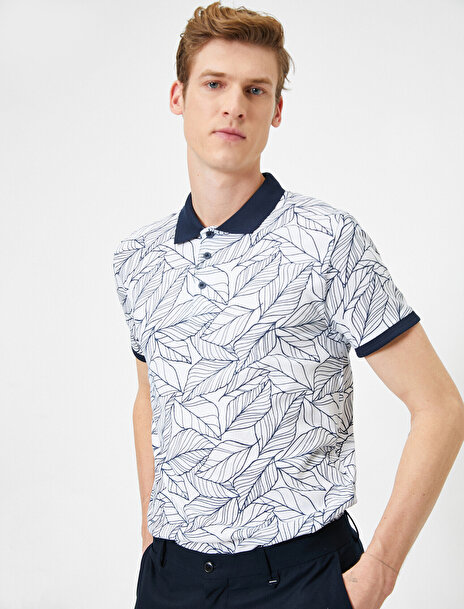 Koton Erkek Polo Yaka Yaprak Desenli Kontrast Yaka Süprem Kumaş Slim Fit Tişört