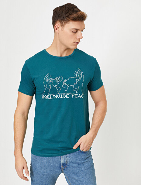 Koton Erkek Bisiklet Yaka Yazılı Baskılı Slim Fit Tişört