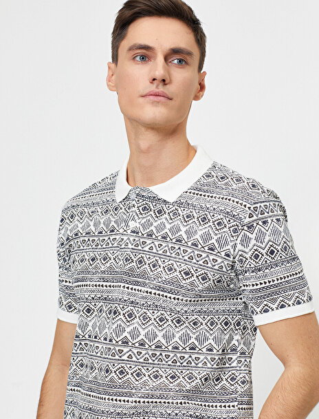 Koton Erkek Polo Yaka Etnik Desenli Pike Kumaş Slim Fit Tişört