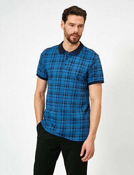 Koton Erkek Polo Yaka Ekose Desenli Pike Kumaş Slim Fit Tişört