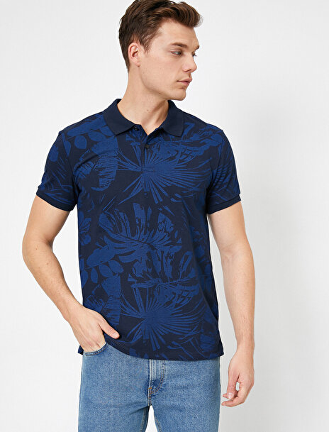 Koton Erkek Polo Yaka Yaprak Desenli Pike Kumaş Slim Fit Tişört