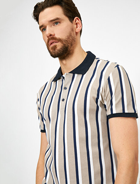Koton Erkek Polo Yaka Dikey Çizgili Pike Kumaş Slim Fit Tişört