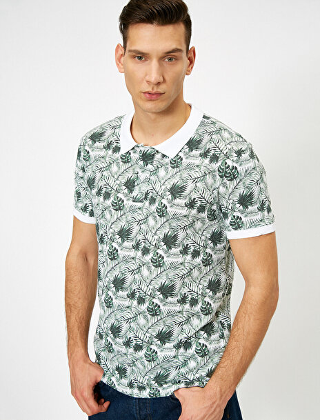 Koton Erkek Polo Yaka Yaprak Desenli Süprem Kumaş Slim Fit Tişört