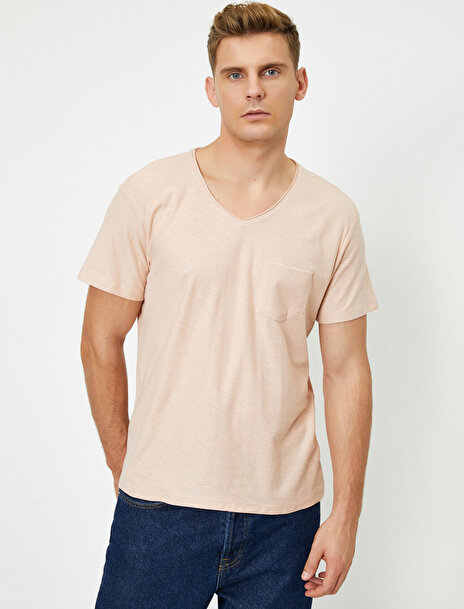 Koton Erkek V Yaka Cebi Flamlı Slim Fit Basic Tişört
