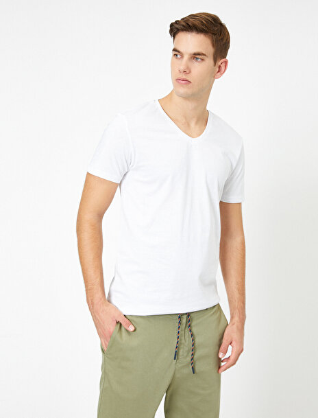 Koton Erkek V Yaka Pamuklu Slim Fit Basic Tişört