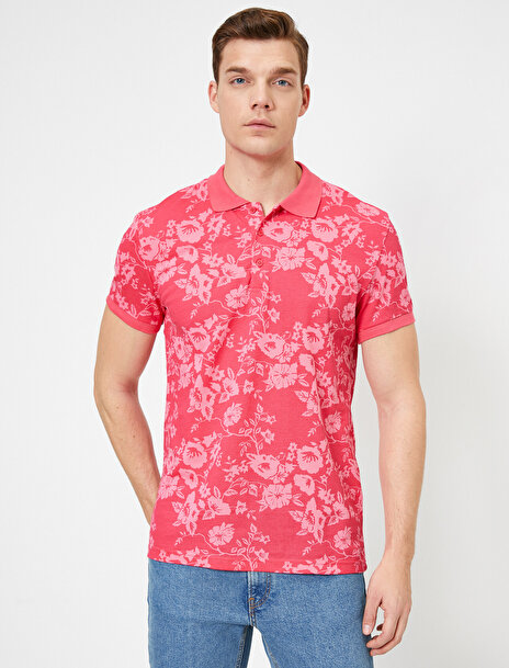 Koton Erkek Polo Yaka Çiçek Desenli Pike Kumaş Slim Fit Tişört