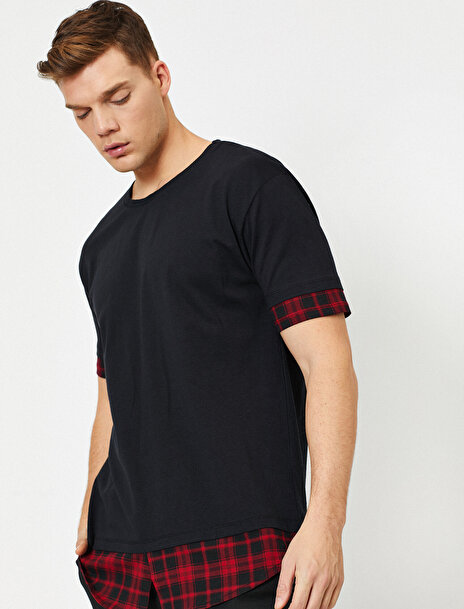 Koton Erkek Bisiklet Yaka Kısa Kollu Kareli Uzun Fit Tişört Koton Erkek Bisiklet Yaka Kısa Kollu Kareli Uzun Fit Tişört