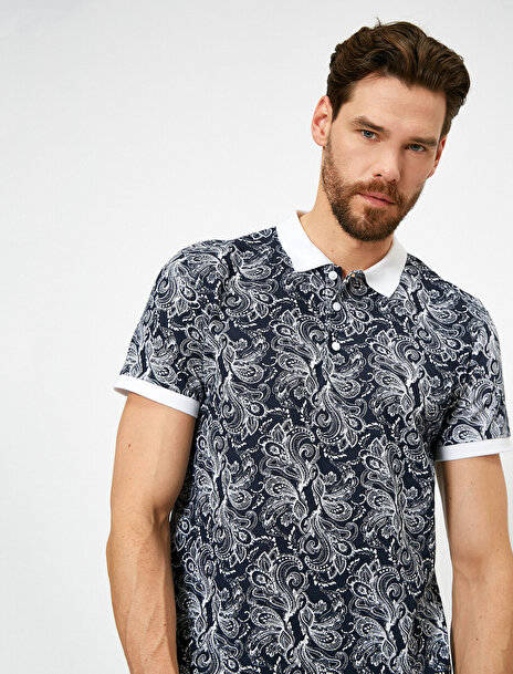 Koton Erkek Polo Yaka Şal Desen Pike Kumaş Slim Fit Tişört