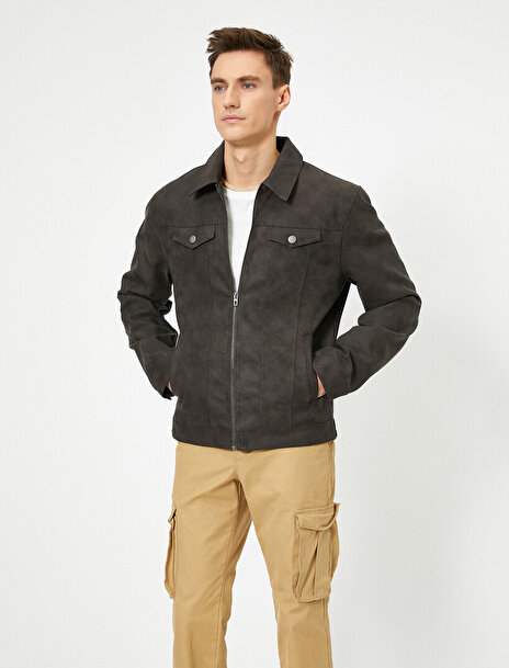 Koton Erkek Cep Detaylı Fermuarlı Deri Görünümlü Mont