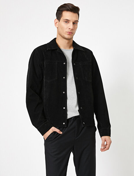 Koton Erkek Cep Detaylı Çıtçıtlı Düğmeli Kadife Görünümlü Süet Mont