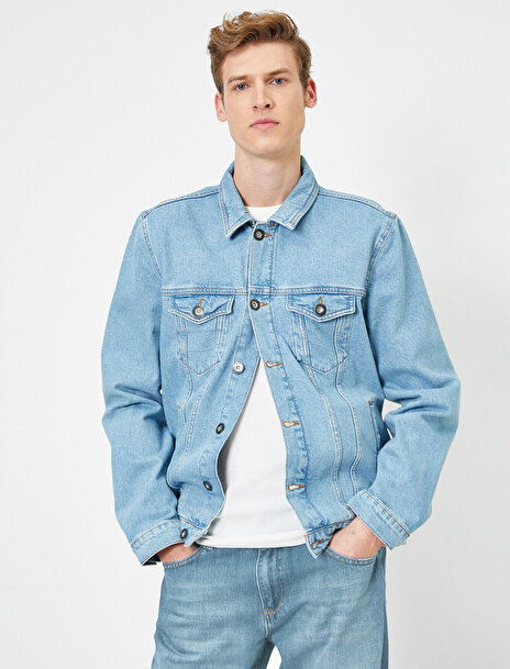 Koton Erkek Düğmeli Cep Detaylı %100 Pamuk Jean Ceket