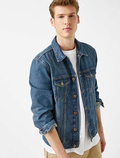 Koton Erkek Düğmeli Cep Detaylı %100 Pamuk Jean Ceket