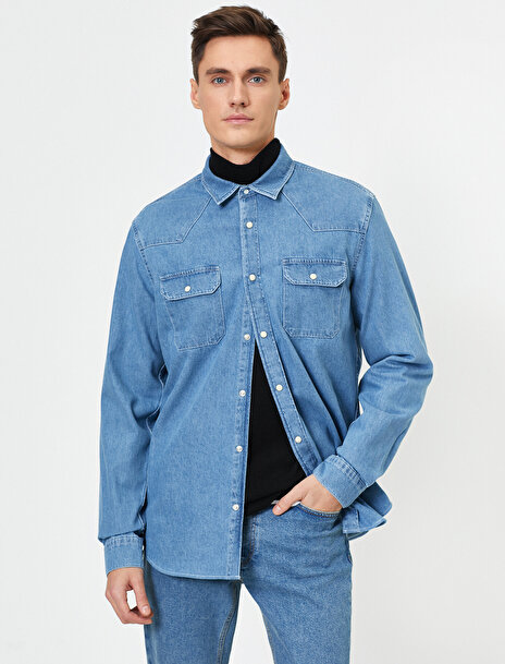 Koton Erkek Çift Çepli Çıtçıt Düğmeli Regular Fit Denim Gömlek Koton Erkek Çift Çepli Çıtçıt Düğmeli Regular Fit Denim Gömlek