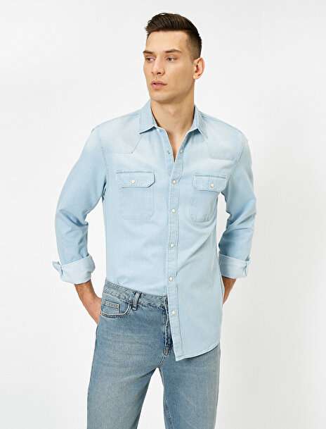 Koton Erkek Çift Çepli Çıtçıt Düğmeli Regular Fit Denim Gömlek Koton Erkek Çift Çepli Çıtçıt Düğmeli Regular Fit Denim Gömlek