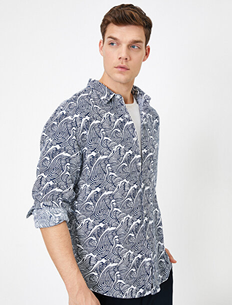Koton Erkek Çiçek Desenli Uzun Kollu Regular Fit Casual Gömlek