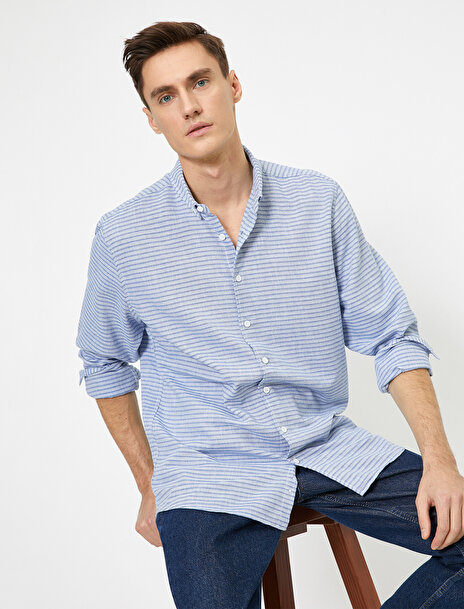 Koton Erkek Düğmeli Yaka Yatay Çizgili %100 Pamuk Regular Fit Gömlek