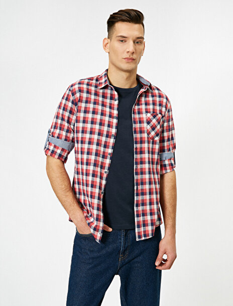 Koton Erkek Ekoseli Tek Cepli Slim Fit Oduncu Gömleği