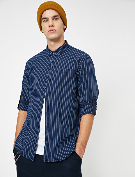 Koton Erkek Tek Cepli %100 Pamuk Çizgili Slim Fit Casual Gömlek