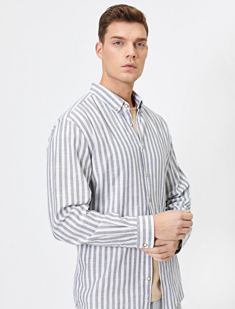 Koton Erkek Çizgili Uzun Kollu %100 Pamuk Slim Fit Gömlek