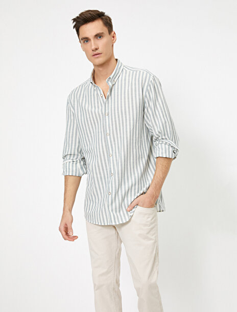 Koton Erkek Çizgili Uzun Kollu %100 Pamuk Slim Fit Gömlek