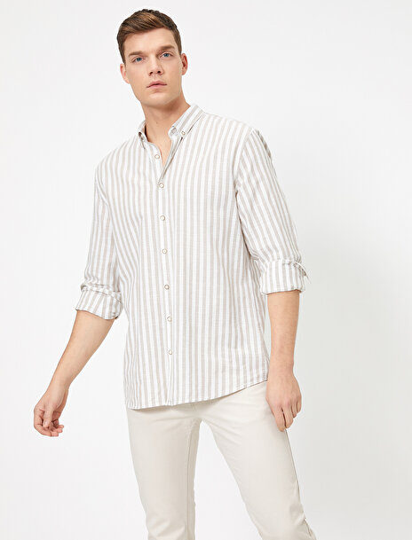 Koton Erkek Çizgili Uzun Kollu %100 Pamuk Slim Fit Gömlek