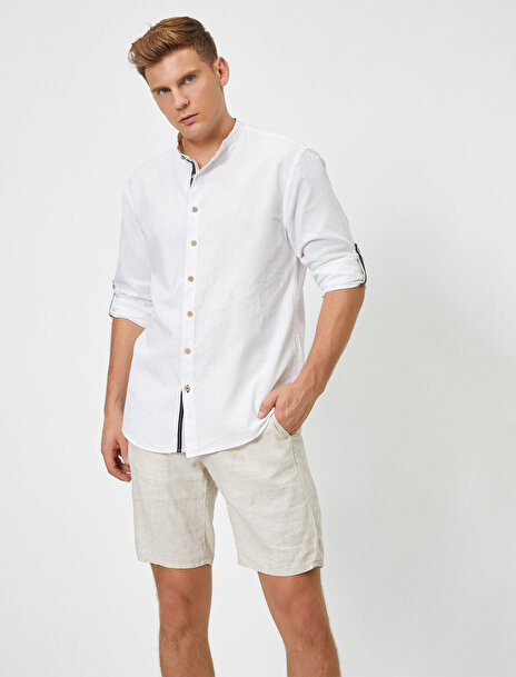 Koton Erkek Düğmeli Mandarin Yaka Keten Gömlek Koton Erkek Düğmeli Mandarin Yaka Keten Gömlek