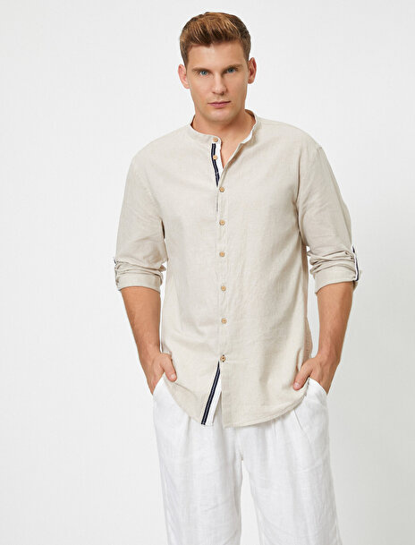 Koton Erkek Düğmeli Mandarin Yaka Keten Gömlek Koton Erkek Düğmeli Mandarin Yaka Keten Gömlek