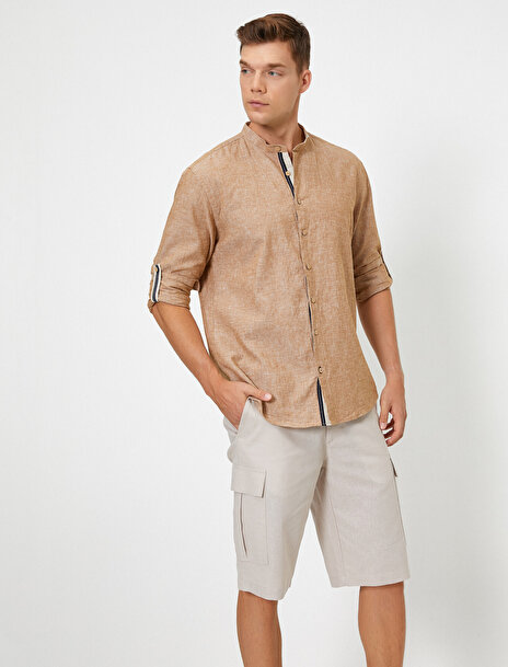 Koton Erkek Düğmeli Mandarin Yaka Keten Gömlek Koton Erkek Düğmeli Mandarin Yaka Keten Gömlek