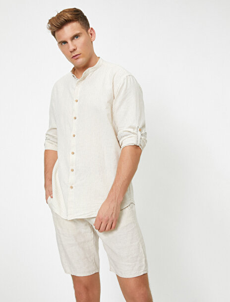 Koton Erkek Mandarin Yaka Çizgili Keten Gömlek Koton Erkek Mandarin Yaka Çizgili Keten Gömlek