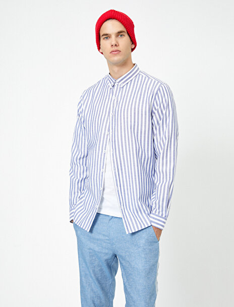 Koton Erkek Düğmeli Yaka Çizgili Slim Fit Casual Gömlek Koton Erkek Düğmeli Yaka Çizgili Slim Fit Casual Gömlek