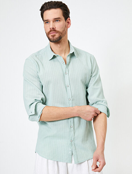 Koton Erkek Çizgili Dokulu Kumaş Regular Fit Casual Gömlek