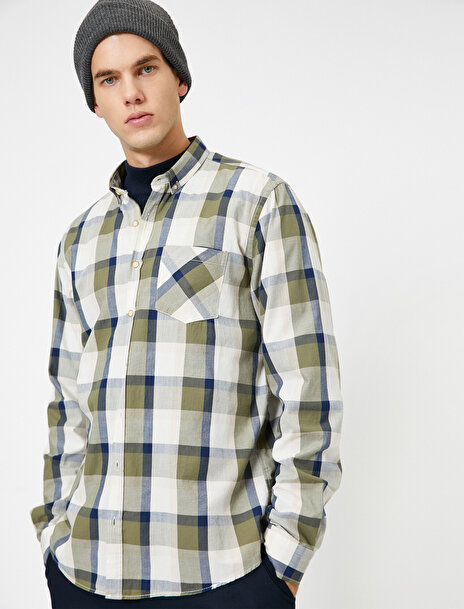 Koton Erkek Düğmeli Yaka Ekoseli Tek Cepli Slim Fit Gömlek