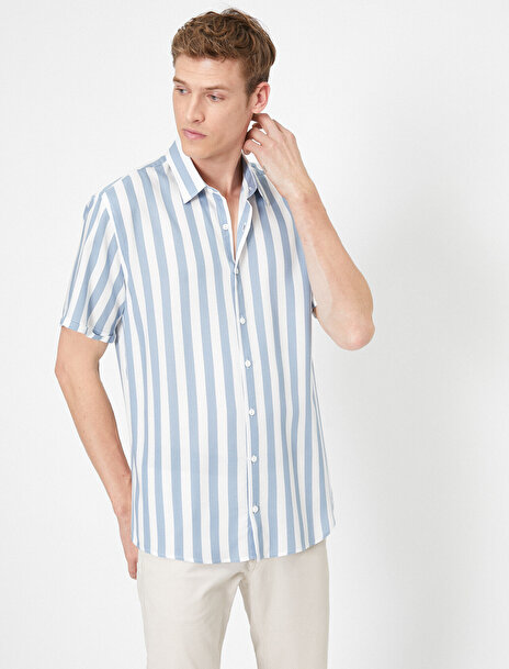 Koton Erkek Çizgili Desenli Düğmeli Kısa Kollu Regular Fit Gömlek