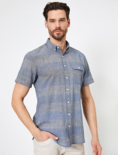 Koton Erkek Tek Cepli Yatay Blok Çizgili %100 Pamuk Slim Fit Gömlek