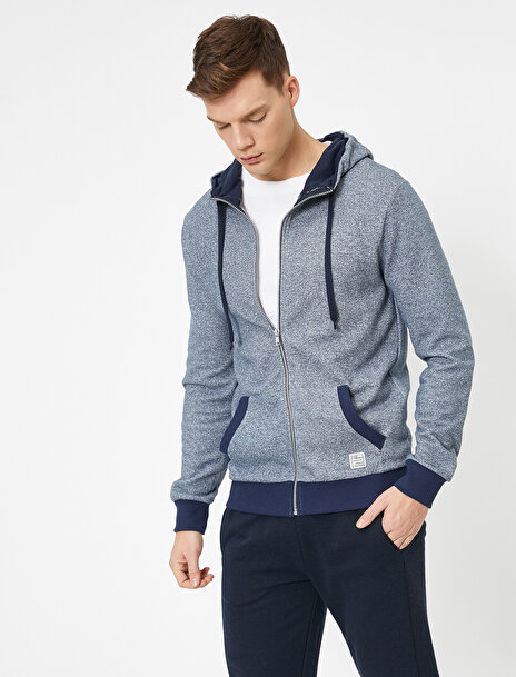 Koton Erkek Kapüşonlu Fermuarlı Cep Detaylı Kontrast Renk Sweatshirt
