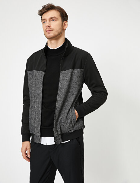 Koton Erkek Fermuarlı Dik Yaka Renk Bloklu Slim Fit Hırka