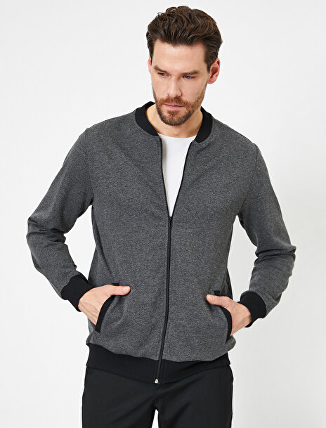 Koton Erkek Bomber Yaka Fermuarlı Cep Detaylı Slim Fit Hırka