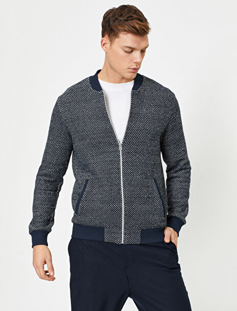 Koton Erkek Bomber Yaka Fermuarlı Cep Detaylı Slim Fit Hırka