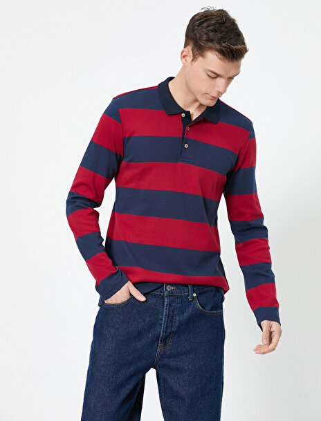 Koton Erkek Polo Yaka Uzun Kollu Çizgili Düğme Detaylı Kazak Koton Erkek Polo Yaka Uzun Kollu Çizgili Düğme Detaylı Kazak