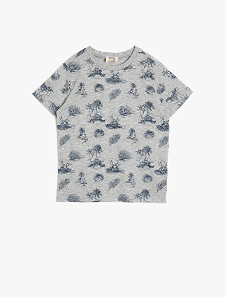 Koton Erkek Çocuk Palmiye Desenli Pamuklu Kısa Kollu Bisiklet Yaka Tişört