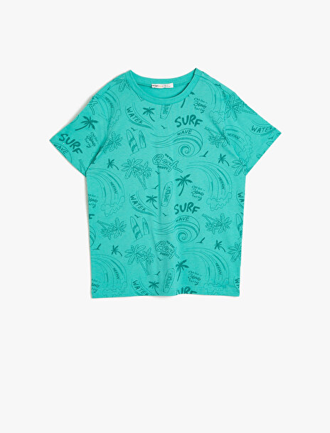 Koton Erkek Çocuk Palmiye Desenli Pamuklu Kısa Kollu Bisiklet Yaka Tişört
