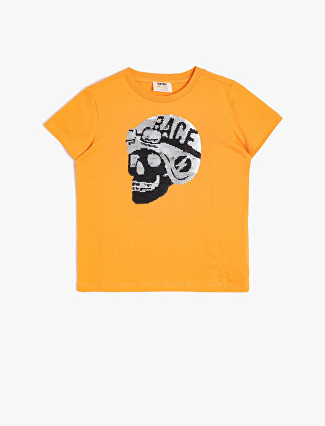 Koton Erkek Çocuk Pamuklu Çift Taraflı Pul Payet Baskılı Kısa Kollu Bisiklet Yaka Tişört