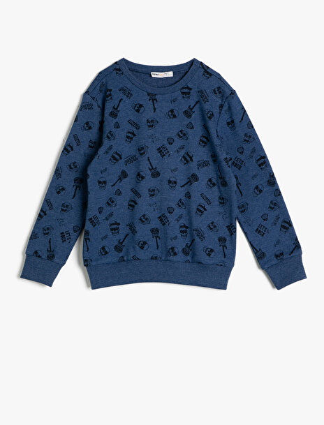 Koton Erkek Çocuk Desenli Bisiklet Yaka İçi Yumuşak Tüylü Kumaştan Ribanalı Sweatshirt