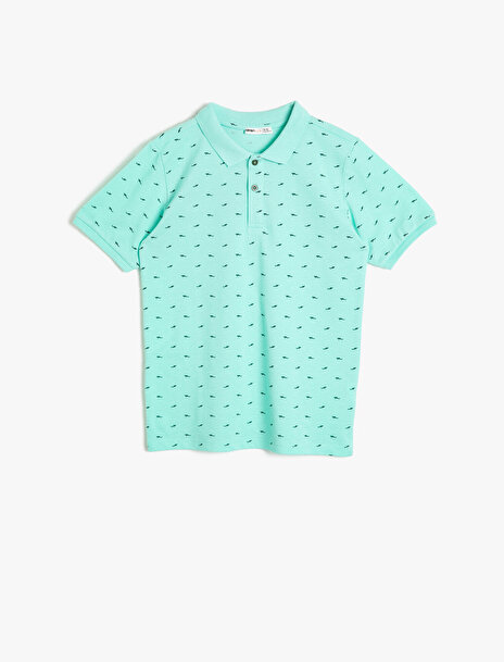 Koton Erkek Çocuk Baskılı Pamuklu Düğmeli Polo Yaka Ribanalı Kısa Kollu Tişört