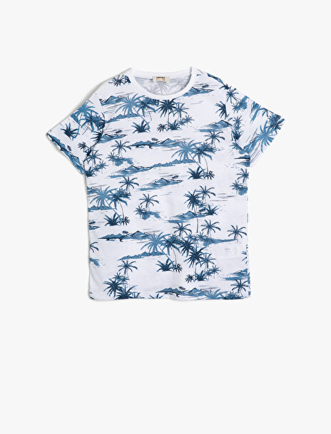 Koton Erkek Çocuk Palmiye Desenli Pamuklu Kısa Kollu Bisiklet Yaka Tişört